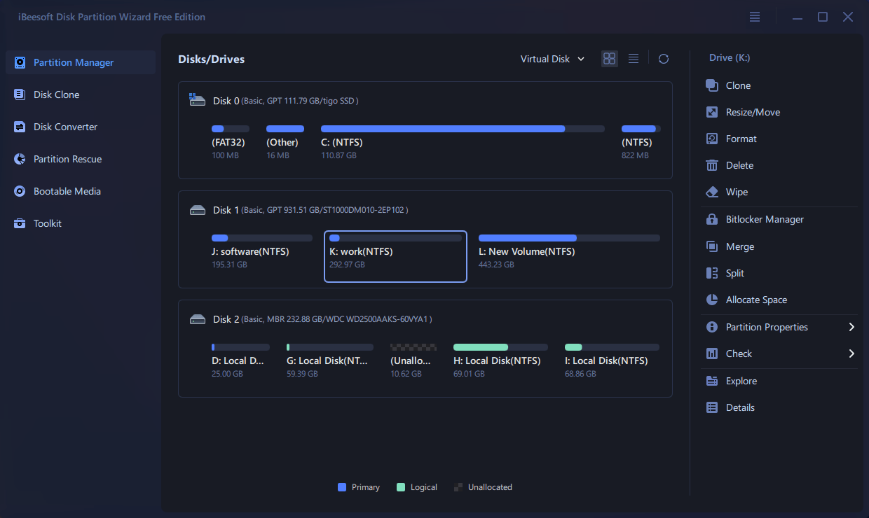 iBeesoft Disk Partition Wizard - Manage/Clone Discs and Convert File Systems